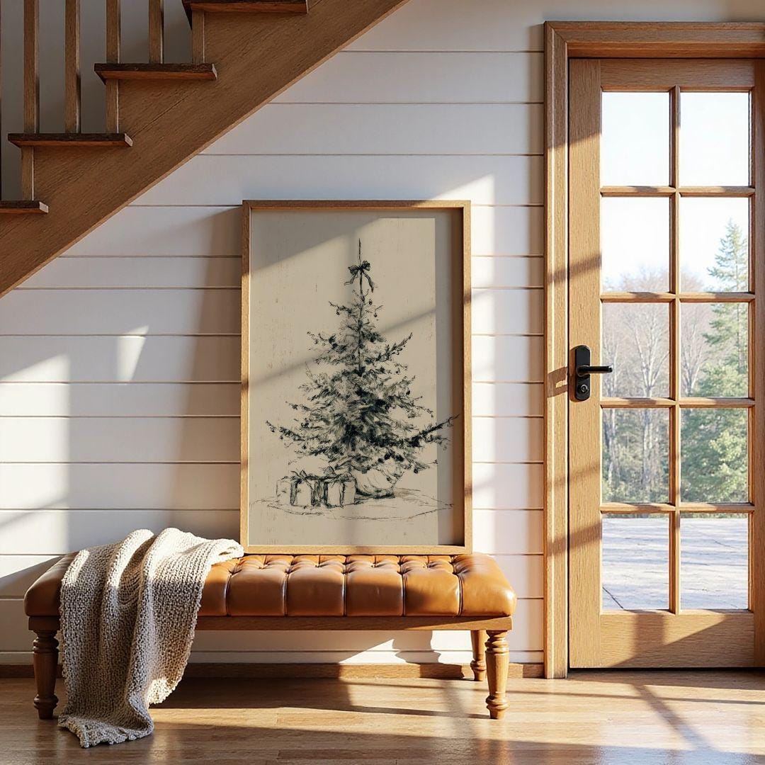 Antique Style Christmas Tree Sketch - Vintage Neutral Holiday Print ...