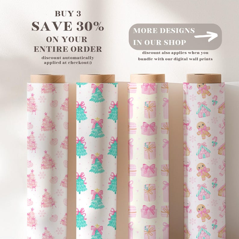 Pink Christmas Wrapping Paper, Pink Christmas Tree Holiday Gift Wrap ...