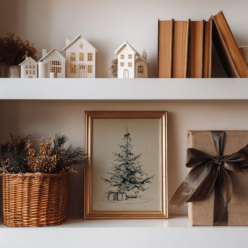 Antique Style Christmas Tree Sketch - Vintage Neutral Holiday Print ...