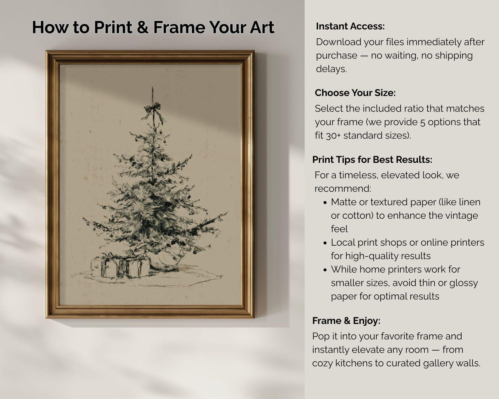 Antique Style Christmas Tree Sketch - Vintage Neutral Holiday Print ...