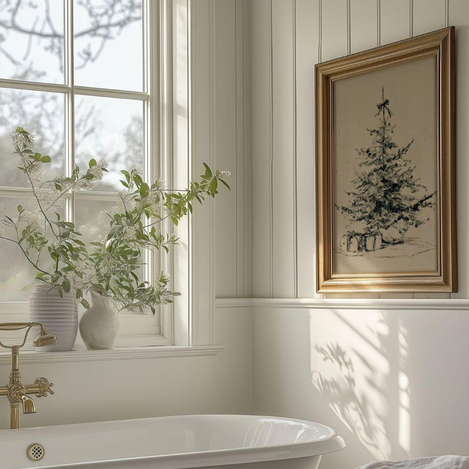 Antique Style Christmas Tree Sketch - Vintage Neutral Holiday Print ...