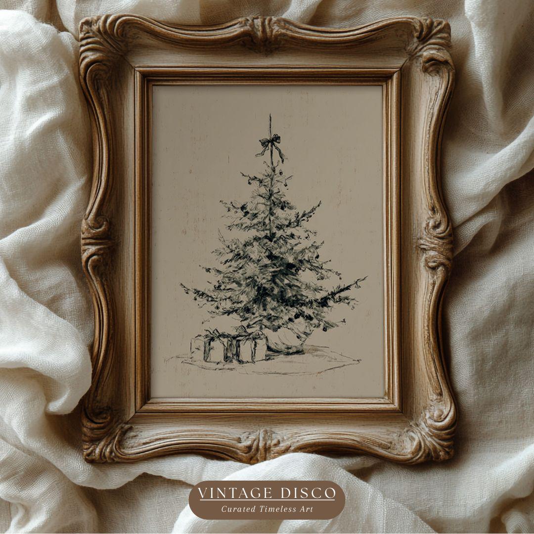 Antique Style Christmas Tree Sketch - Vintage Neutral Holiday Print ...
