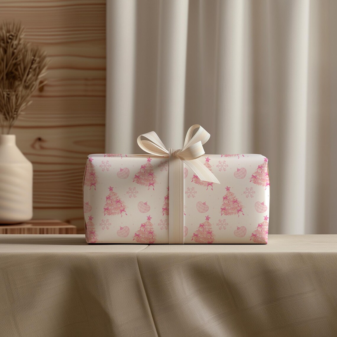 Pink Christmas Wrapping Paper, Pink Christmas Tree Holiday Gift Wrap ...