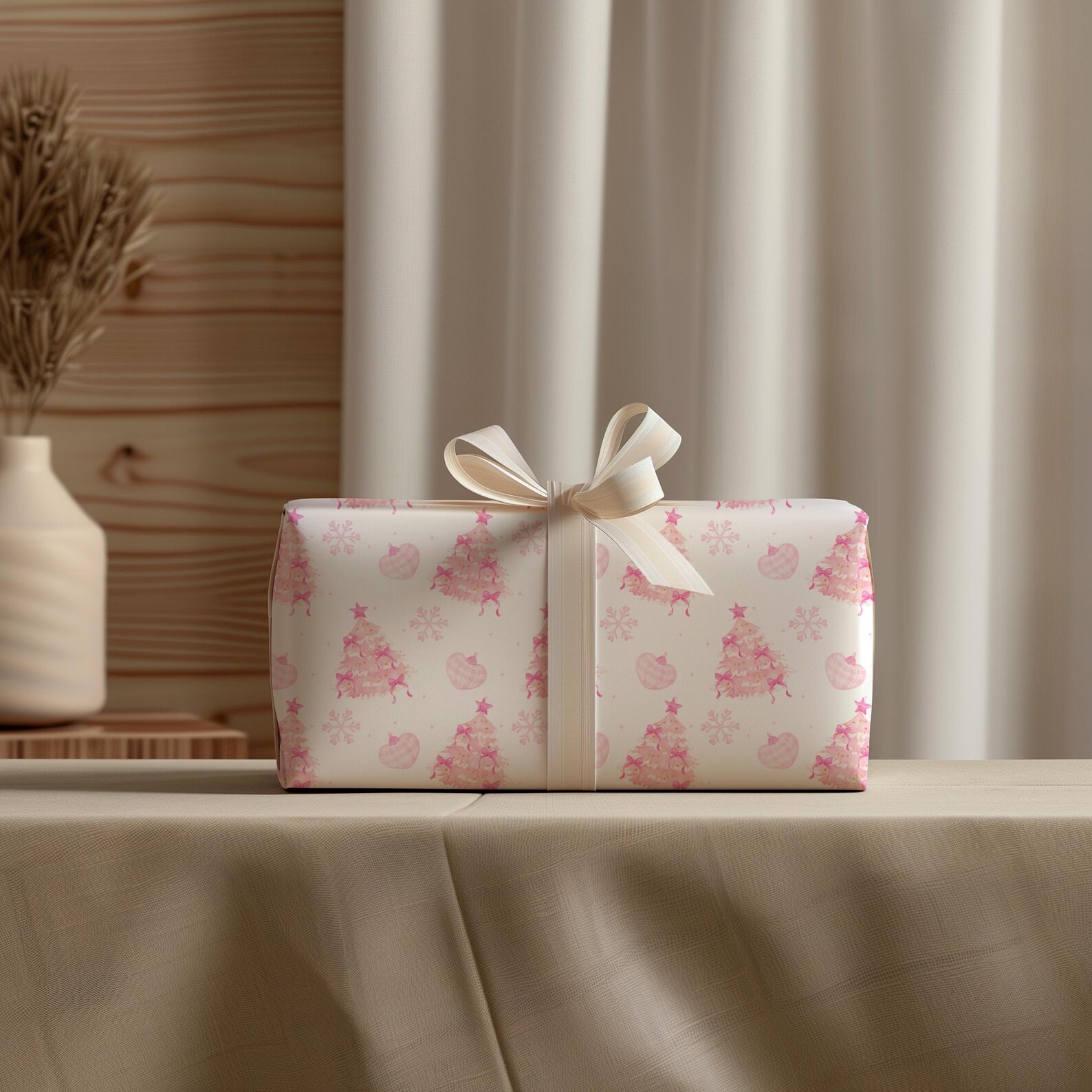 Pink Christmas Wrapping Paper, Pink Christmas Tree Holiday Gift Wrap ...