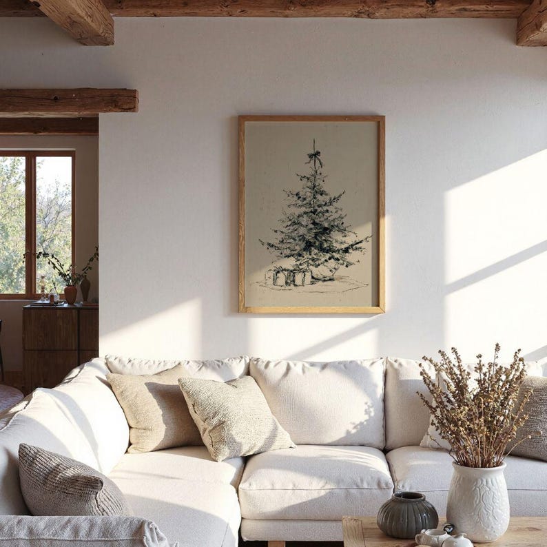 Antique Style Christmas Tree Sketch - Vintage Neutral Holiday Print ...