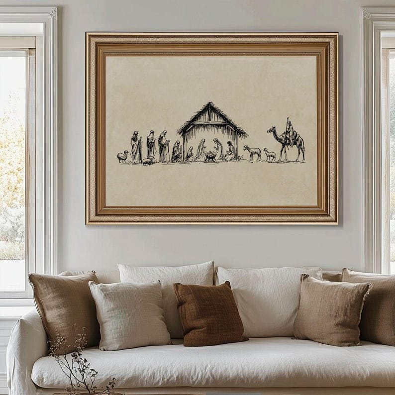 Nativity Scene Line Art Print - Christian Christmas Printable, Neutral ...