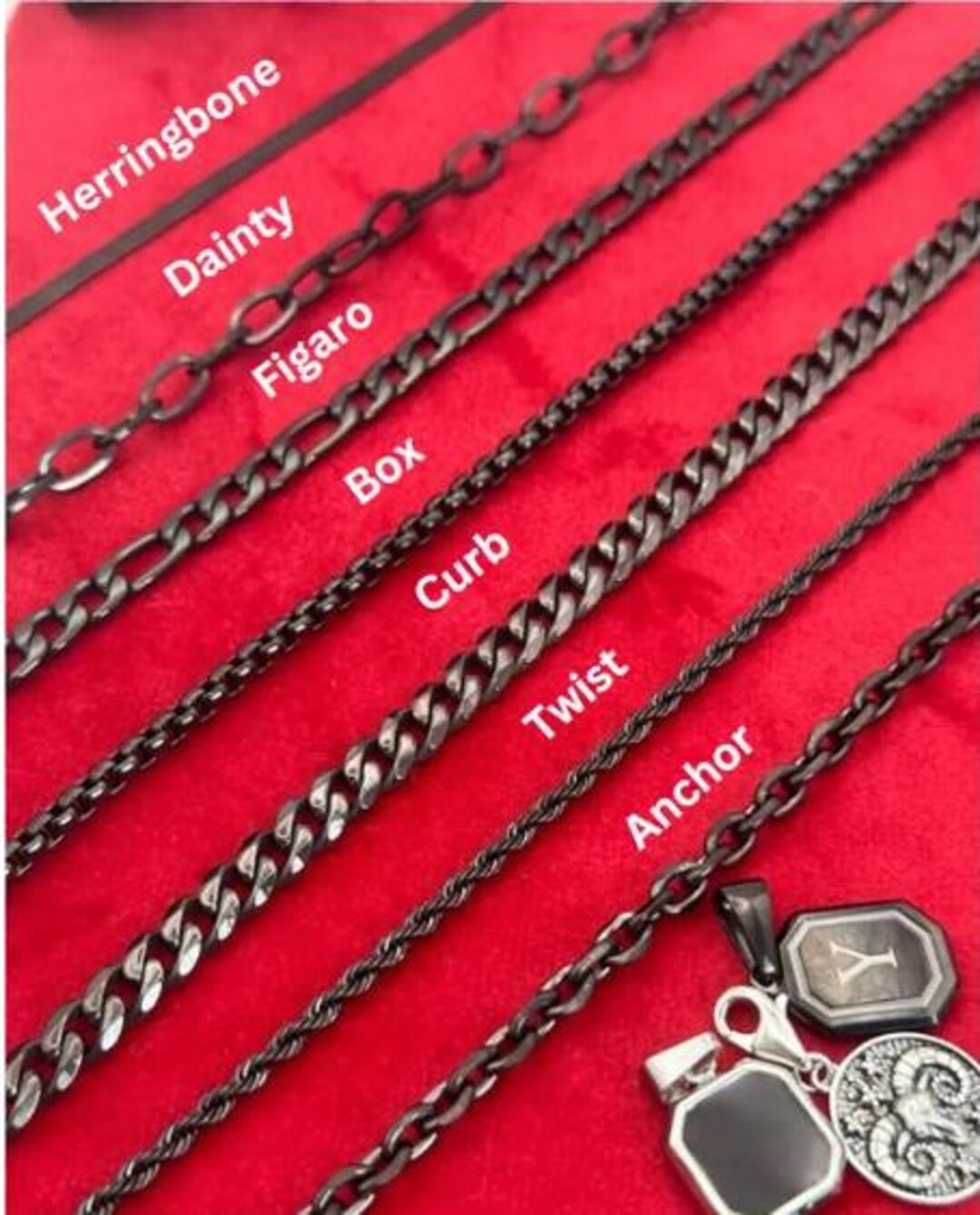 Black Chain Necklace: Waterproof Curb, Figaro, Box, Rope, Curb, Dainty ...