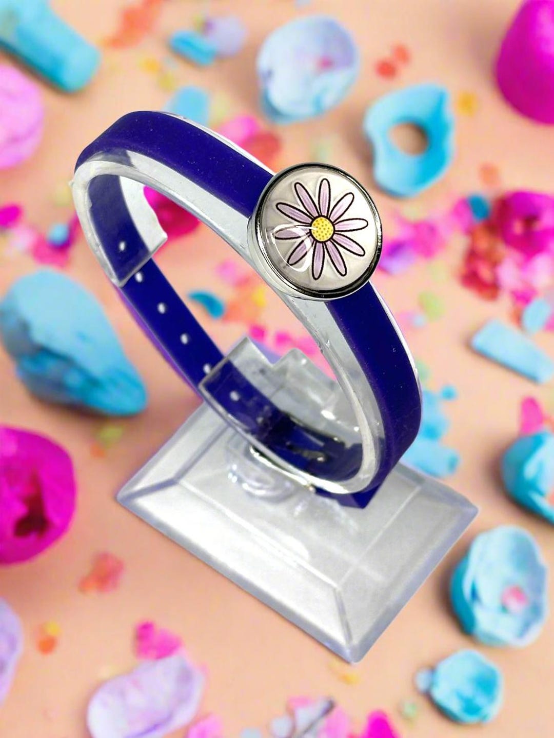 Purple Daisy 18mm Snap Button and Purple Silicone Bracelet for Kids ...