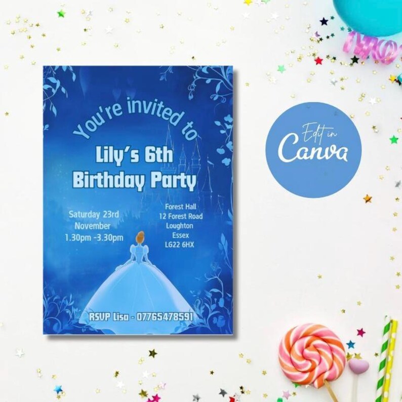 Editable Cinderella Birthday Invitation | 5x7 Digital Download | Canva ...