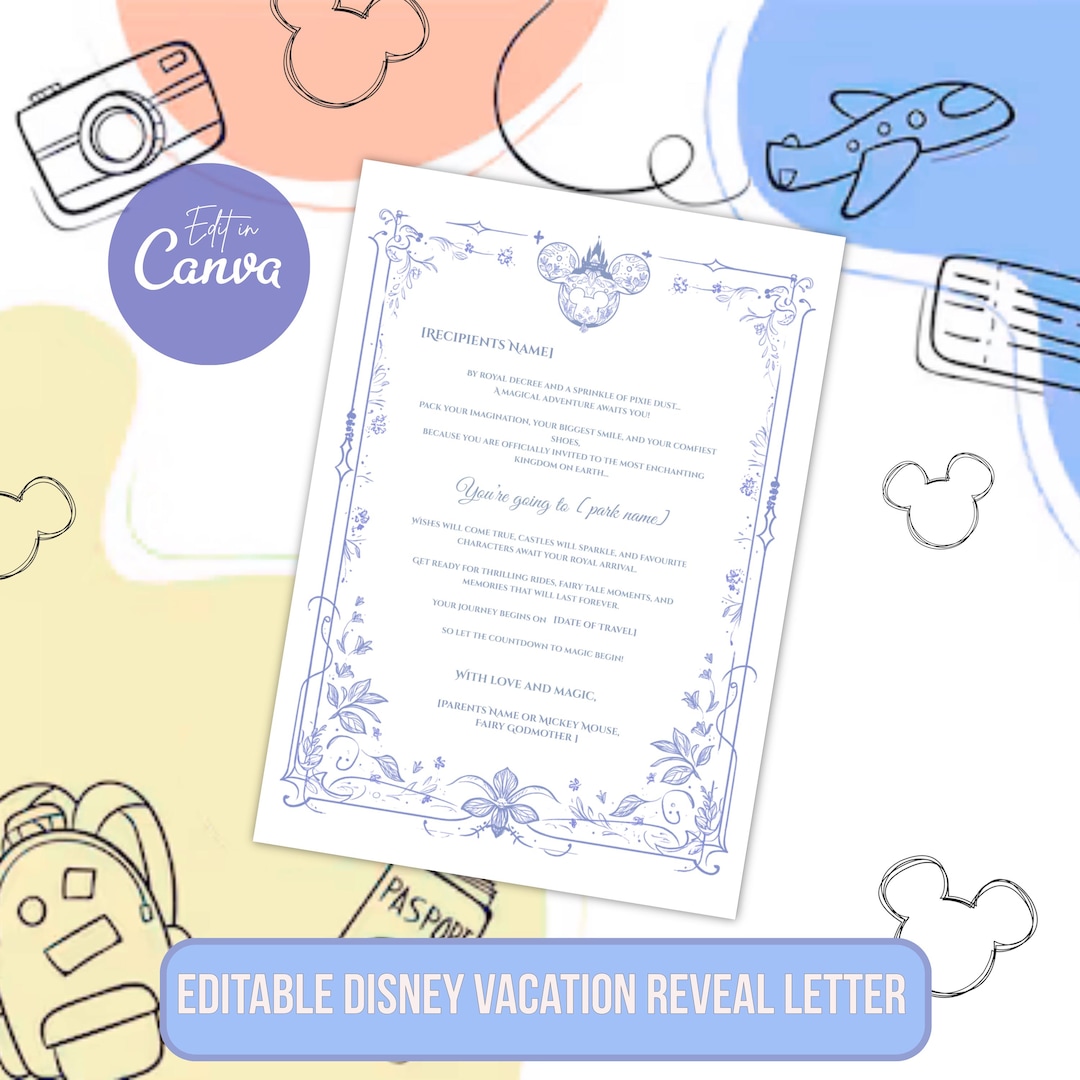 Editable Disney Trip Reveal Letter, Canva Template, A4 Printable ...