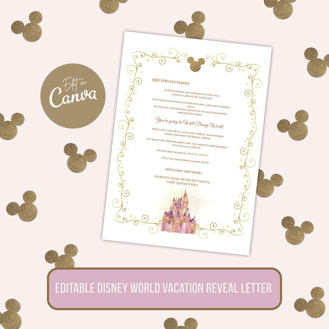 Editable Disney World Trip Reveal Letter, Canva Template, A4 Printable ...