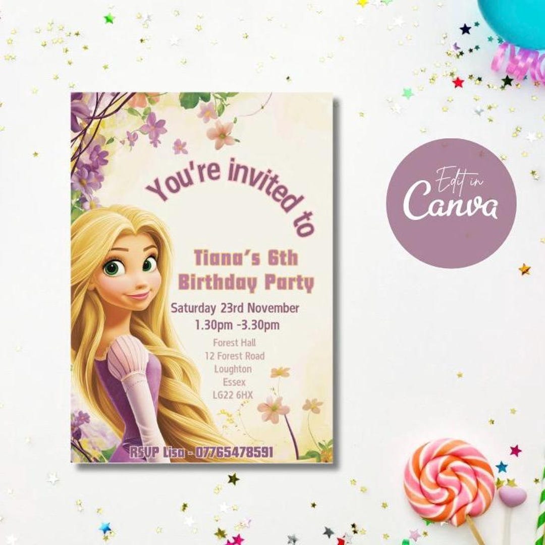 Editable Rapunzel Birthday Invitation | 5x7 Digital Download | Canva ...