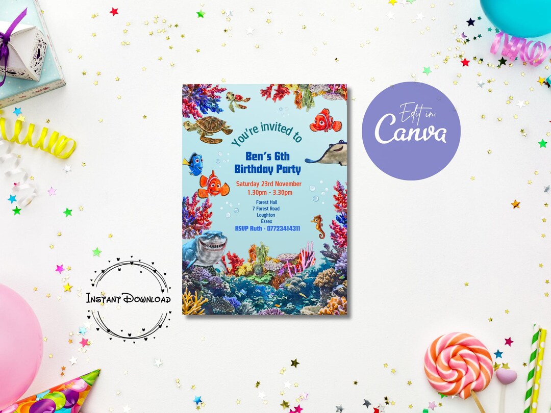 Editable Finding Nemo Birthday Invitation Digital Download 5x7 Canva ...