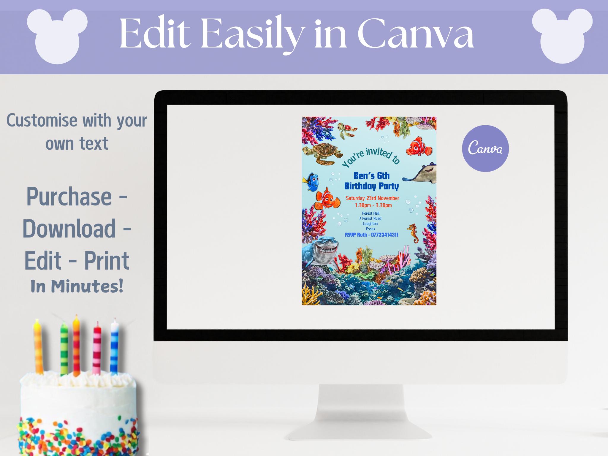 Editable Finding Nemo Birthday Invitation, Under the Sea Canva Template ...