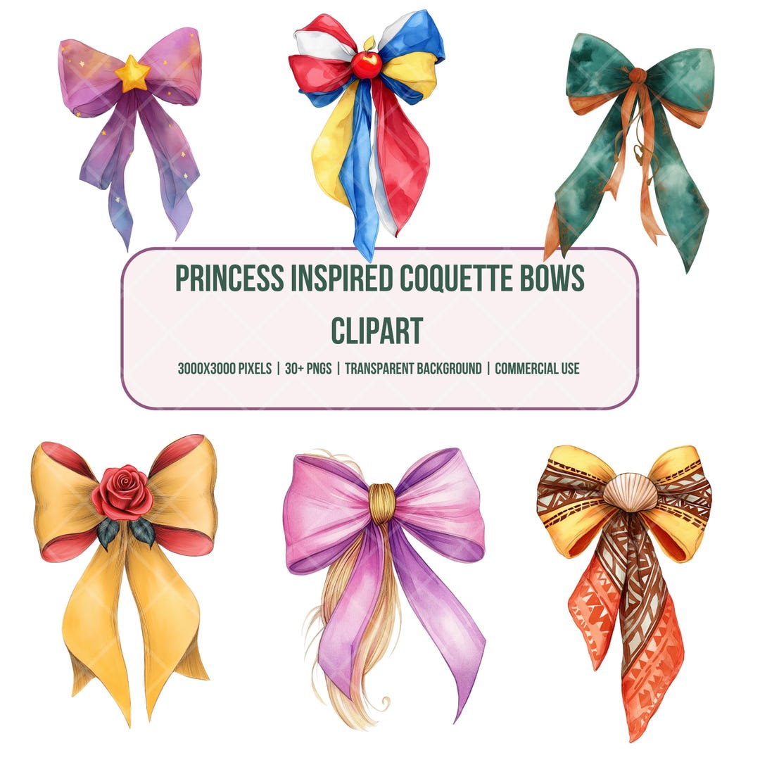 32 Disney Princess Bows Clipart Bundle, Coquette Watercolor Bow Pngs ...