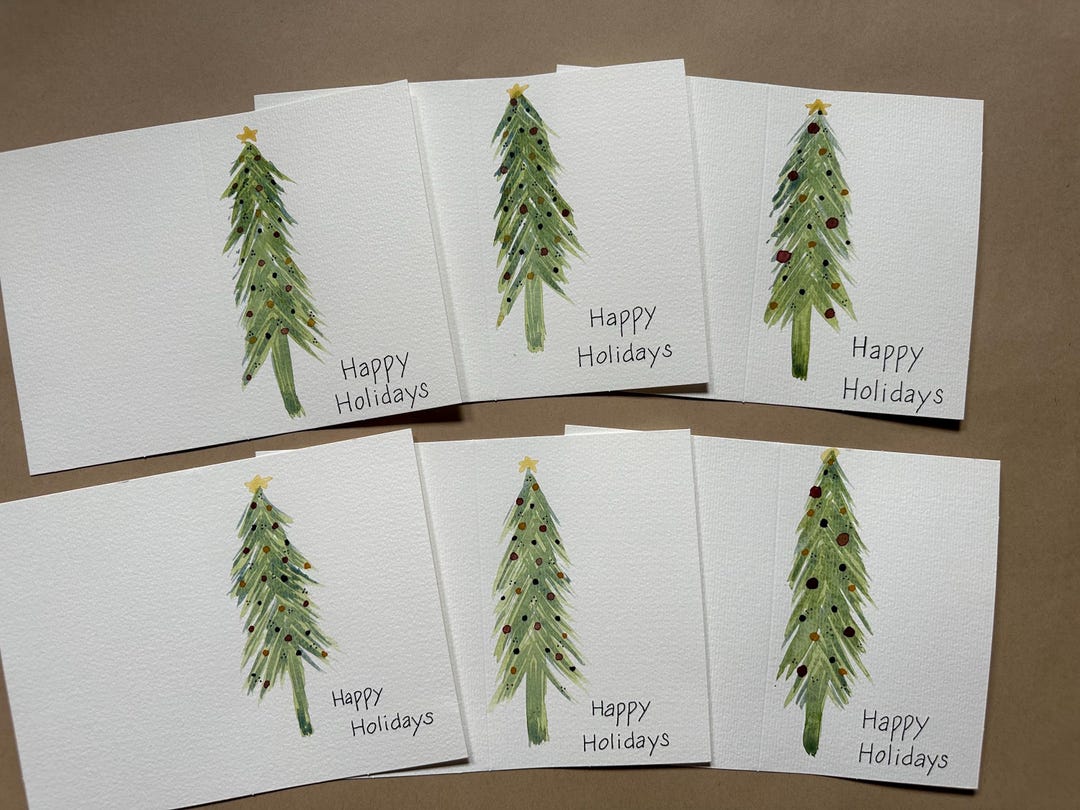 Set of 6 Watercolor Christmas Tree Card, Holiday Greeting Card ...