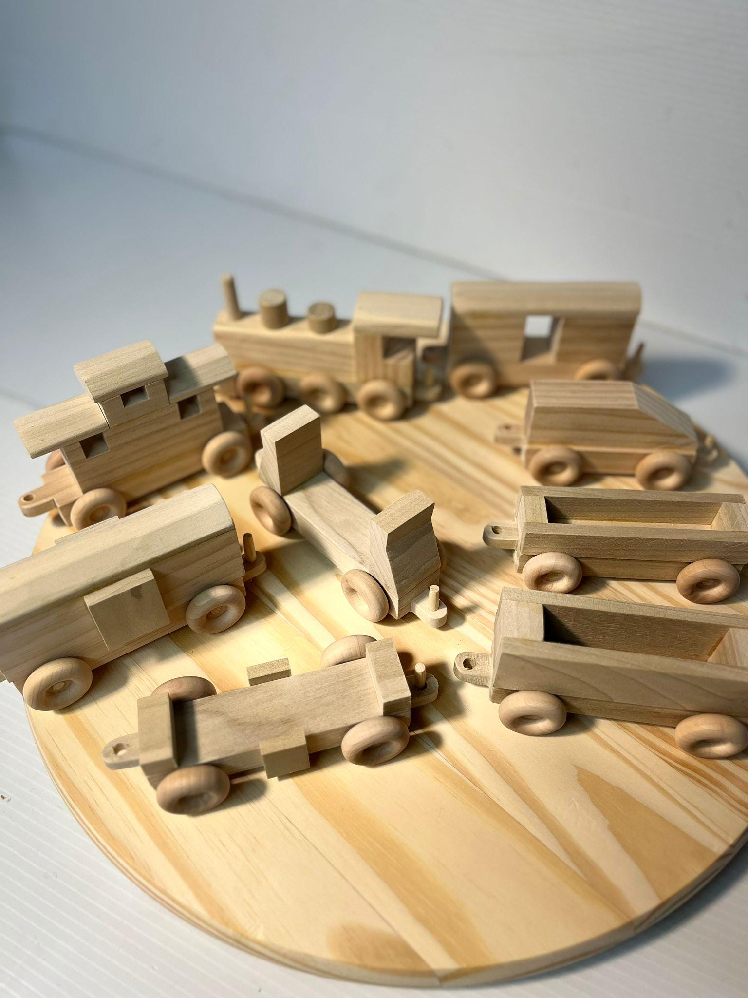 Custom Handmade 9 Train Set - Engine, Box Cars, Coal Cars, Car Carrier ...