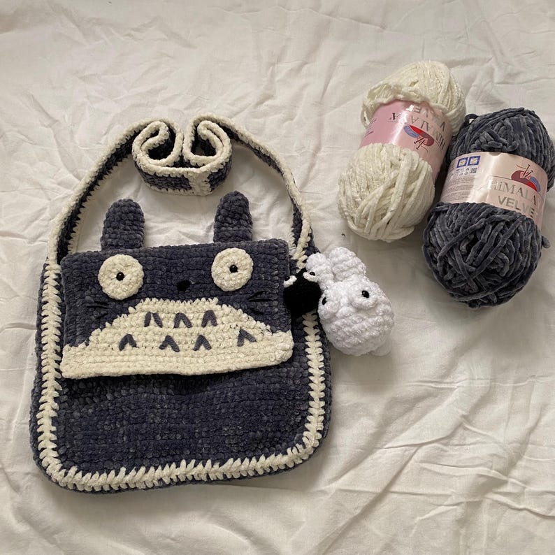 Totoro Inspired Gray Crossbody Bag, Handmade Plushie Velvet Yarn Kawaii ...