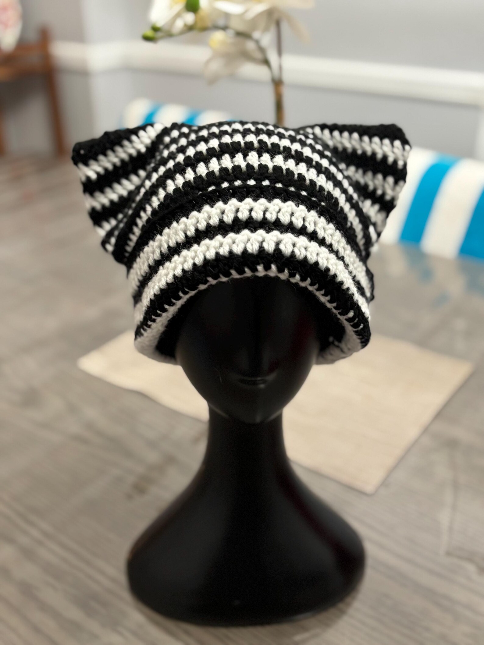 Striped Cat Ear Beanie Hat Handmade Unisex Crochet Knit Hat for Men ...