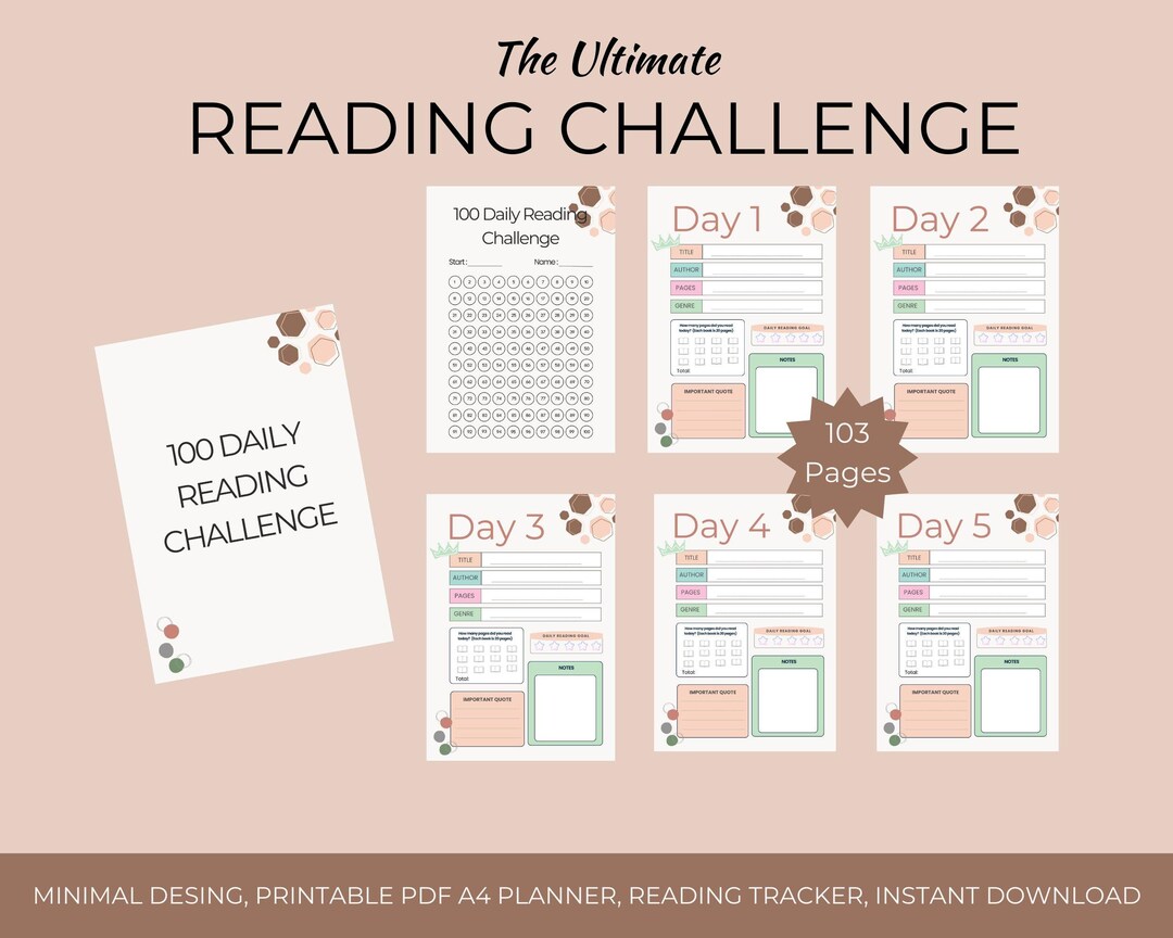 100 Day Reading Challenge Tracker Digital Reading Planner Daily Book ...
