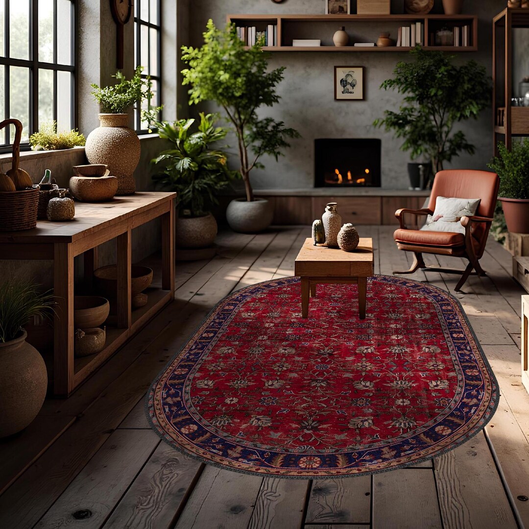 Red Vintage Style Oval Rug, Antique Look Teppich, Washable Non-slip ...