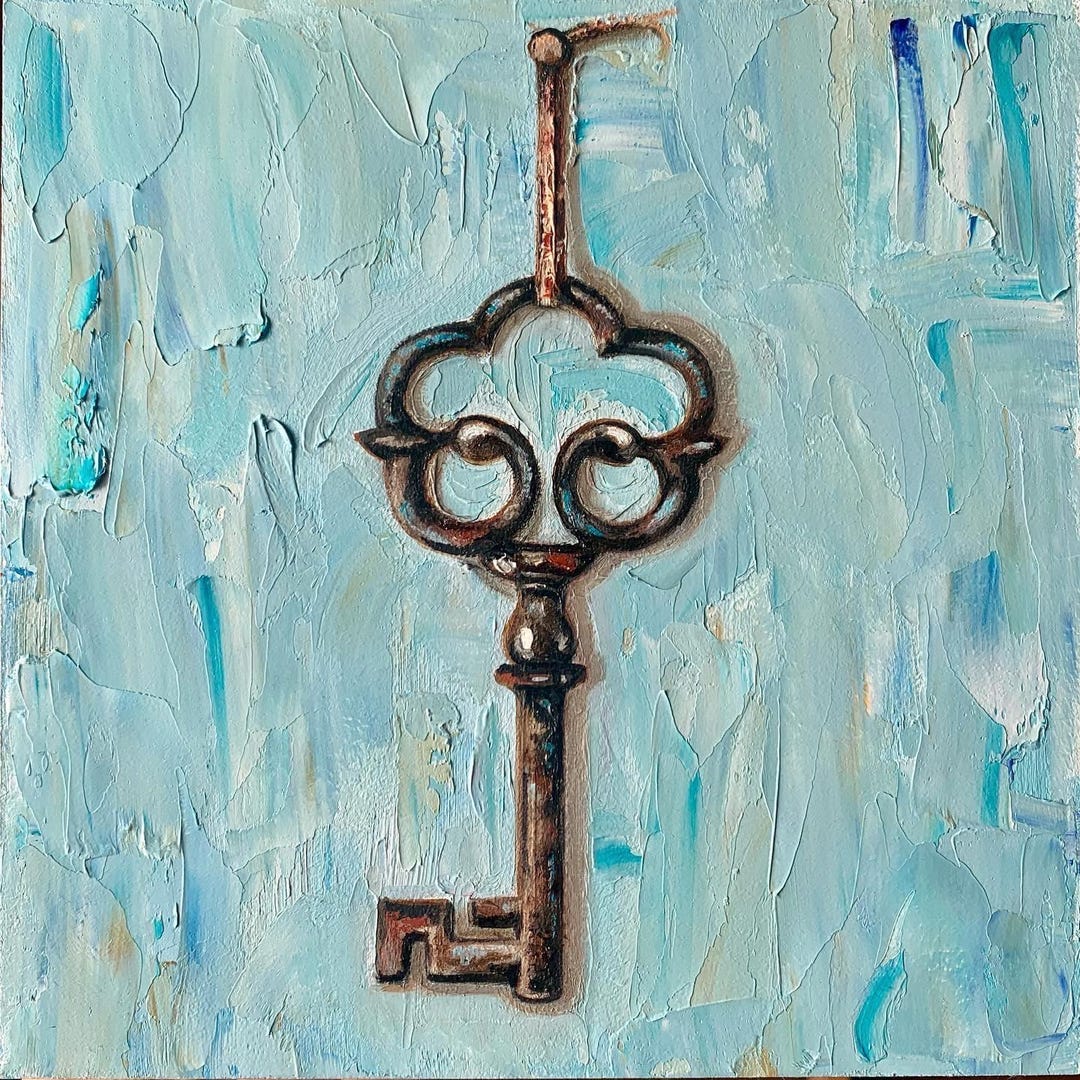 Oil Painting on Chipboard Vintage Key, Decorative Wall Art, Textured ...
