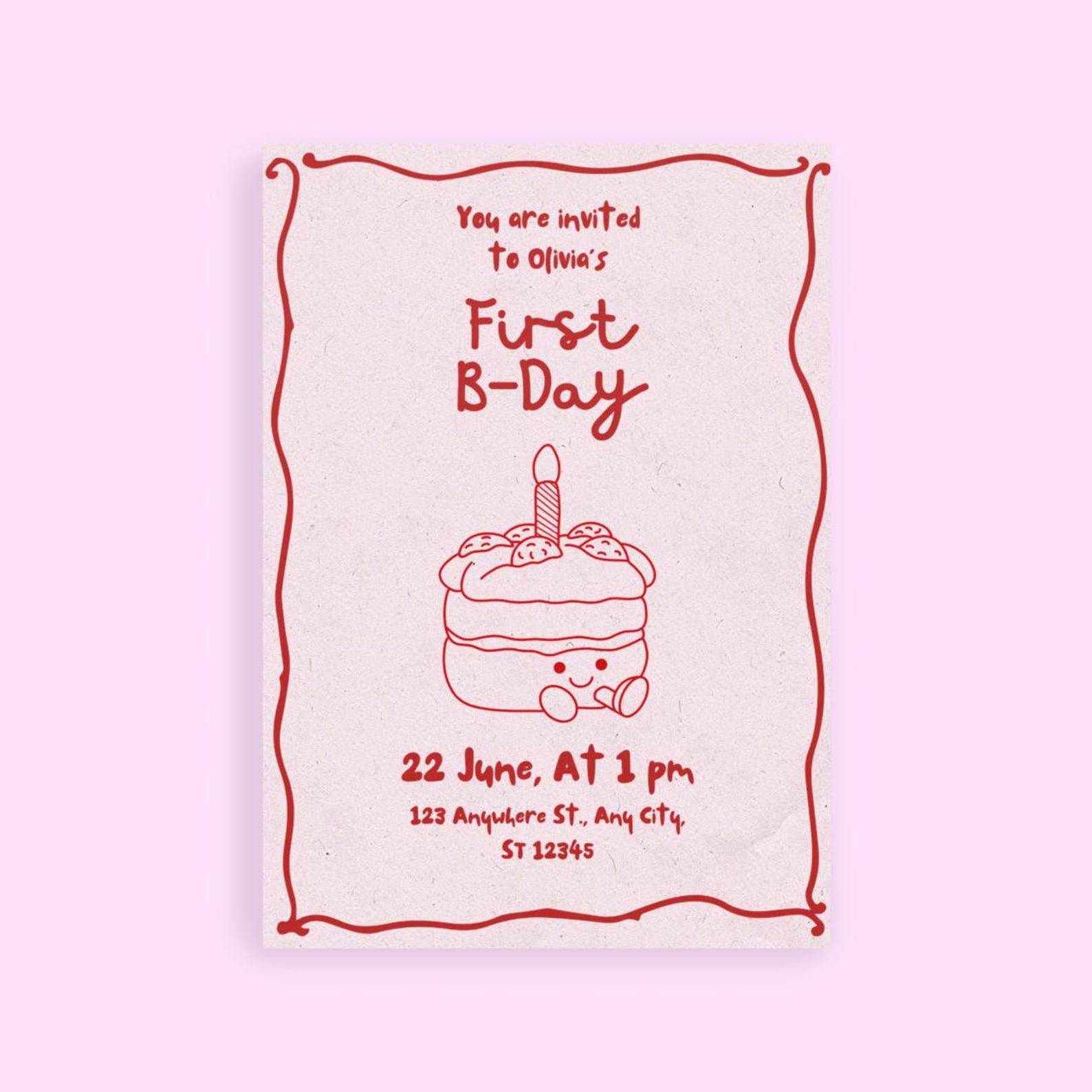 Jellycat Cake Baby Birthday Invitation | Editable 1st B-day Party ...