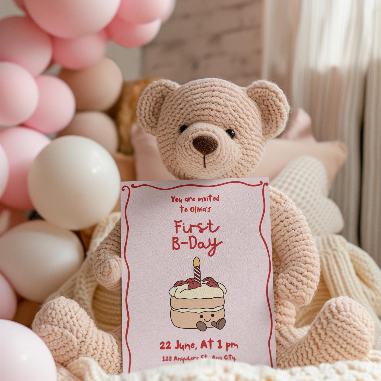 Jellycat Cake Baby Birthday Invitation | Editable 1st B-day Party ...