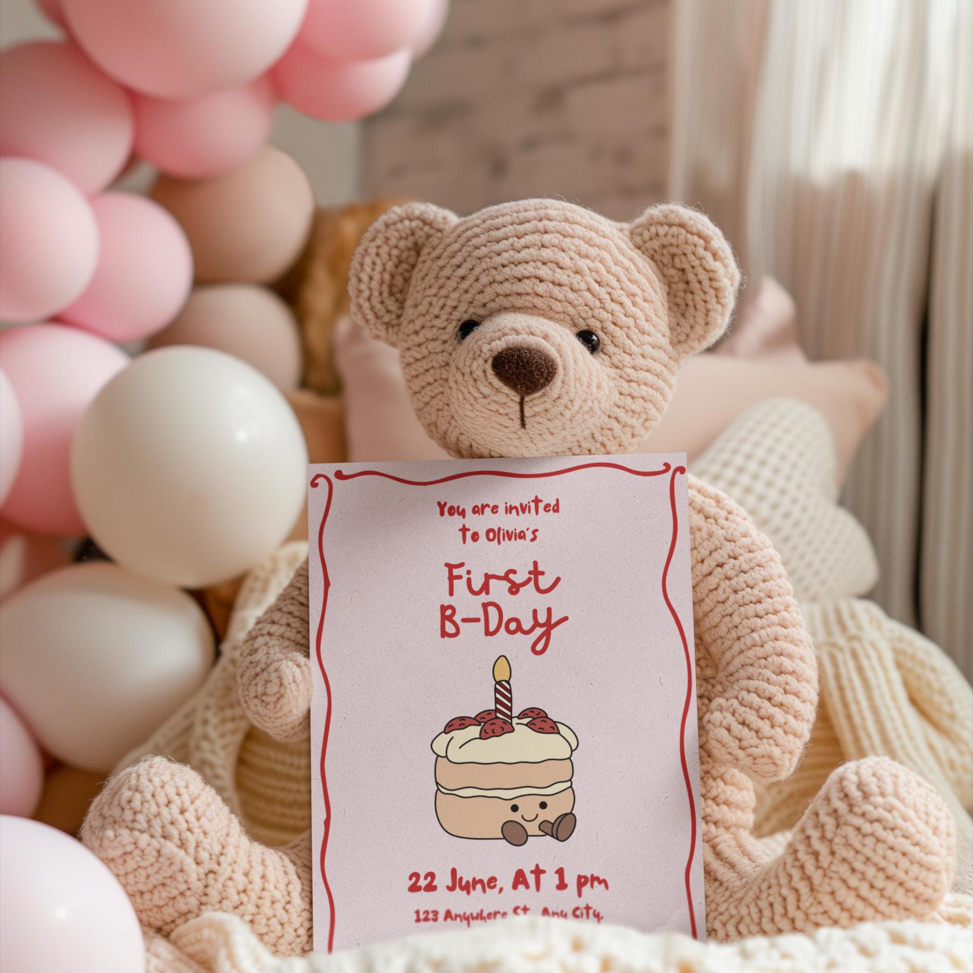Jellycat Cake Baby Birthday Invitation | Editable 1st B-day Party ...