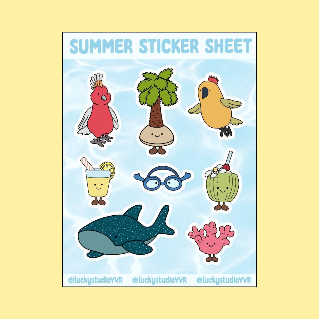 Jellycat Summer Sticker Sheet: Kawaii Ocean, Birds, Drinks - Etsy Canada