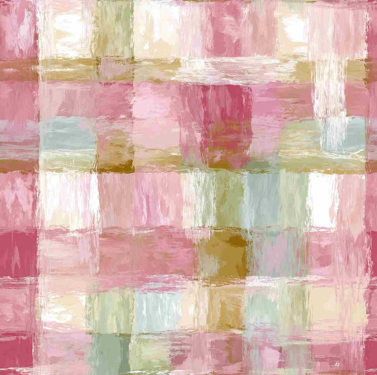 Abstract Pastel Cotton Fabric Pink Gold Brushstroke Fabric Modern Plaid ...