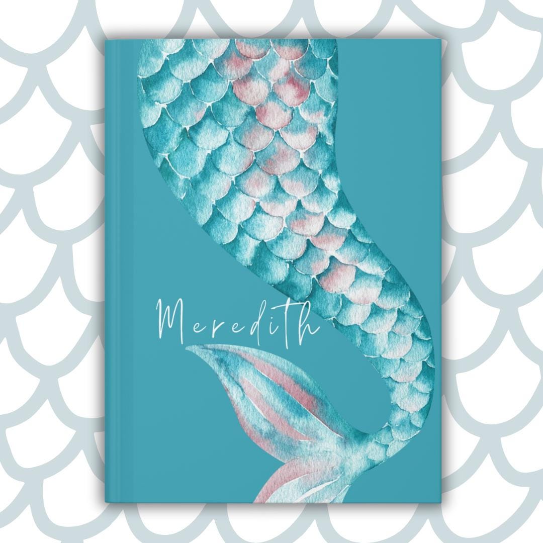 Teal Blue Watercolor Mermaid Tail Design Journal, Custom Name Notebook ...