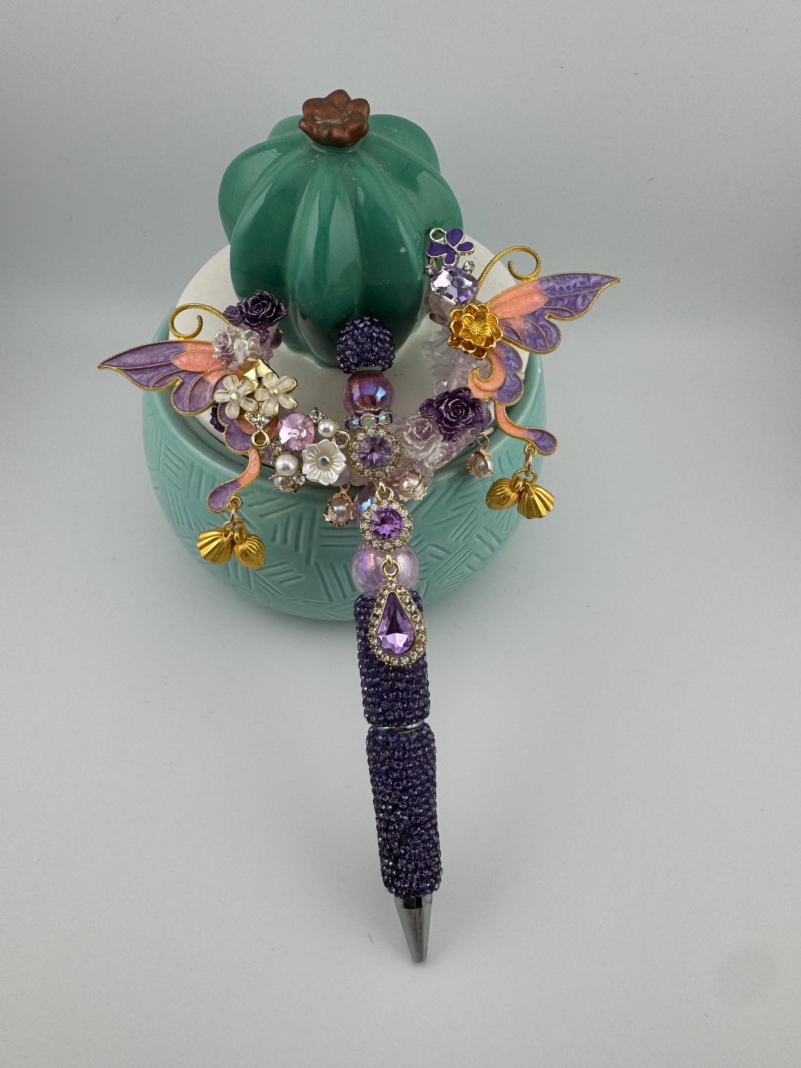Purple Crystal Fairy Pen - Handmade Beaded Pen With Wings, Flowers and ...