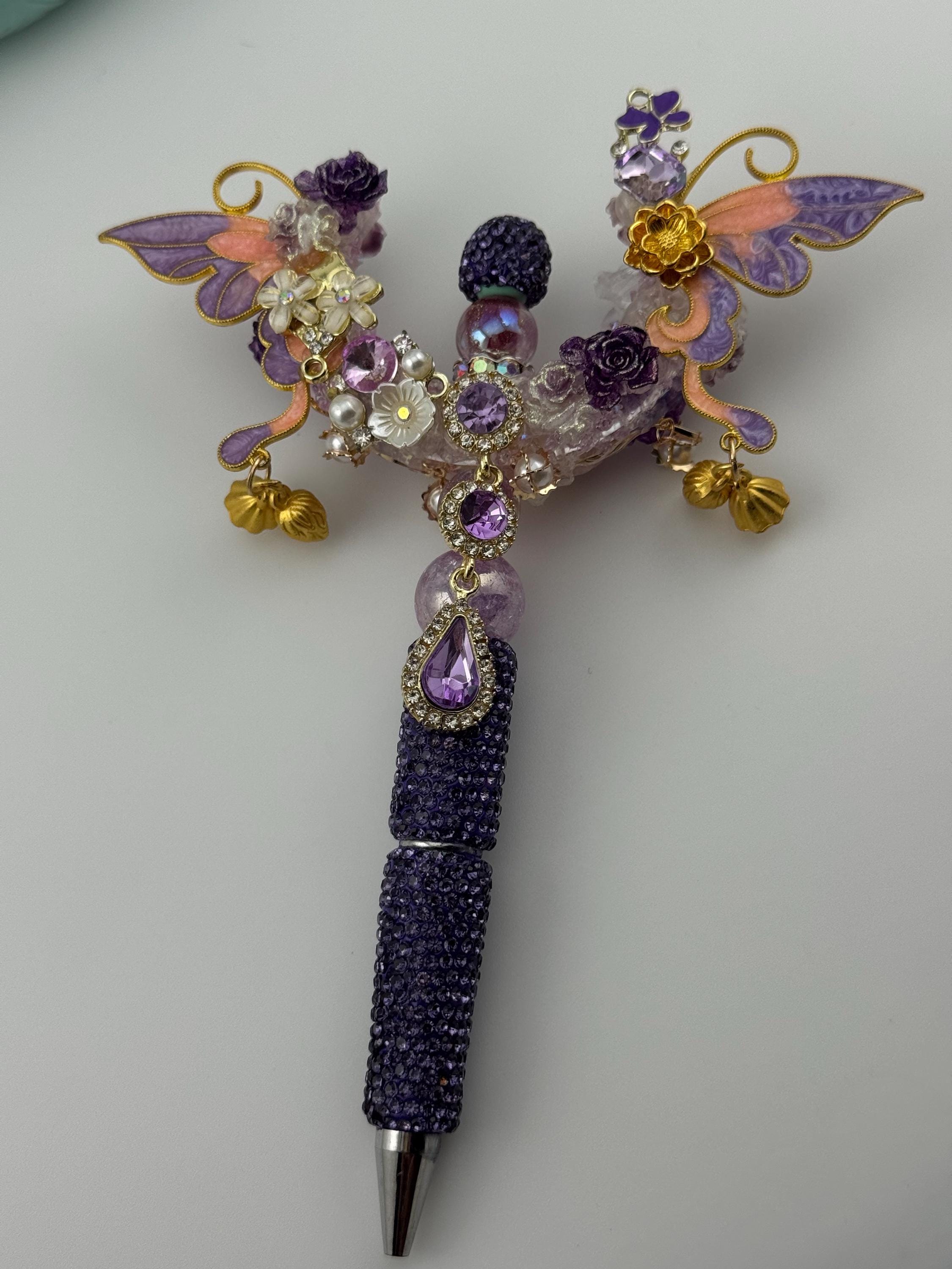 Purple Crystal Fairy Pen - Handmade Beaded Pen With Wings, Flowers and ...