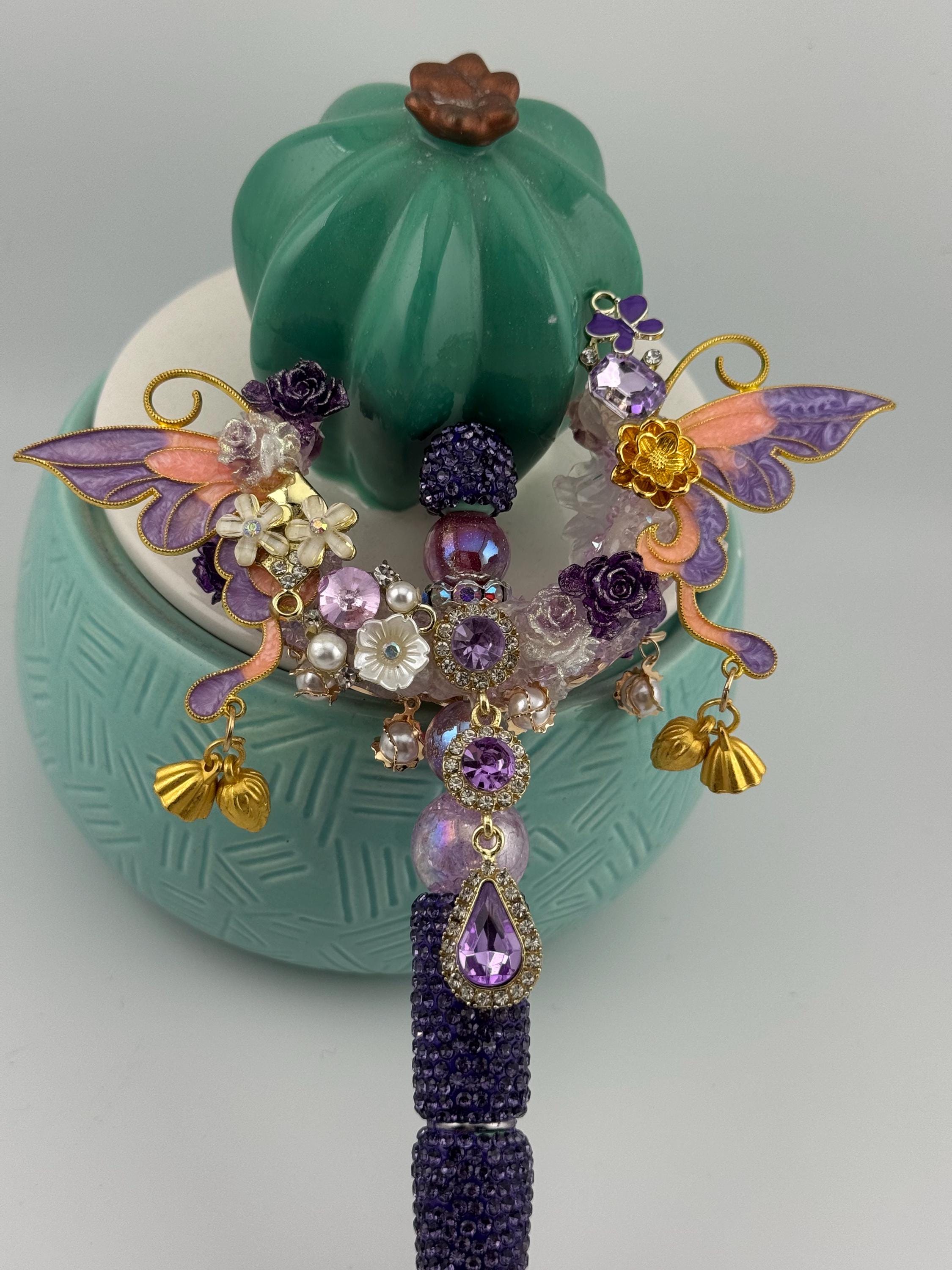 Purple Crystal Fairy Pen - Handmade Beaded Pen With Wings, Flowers and ...