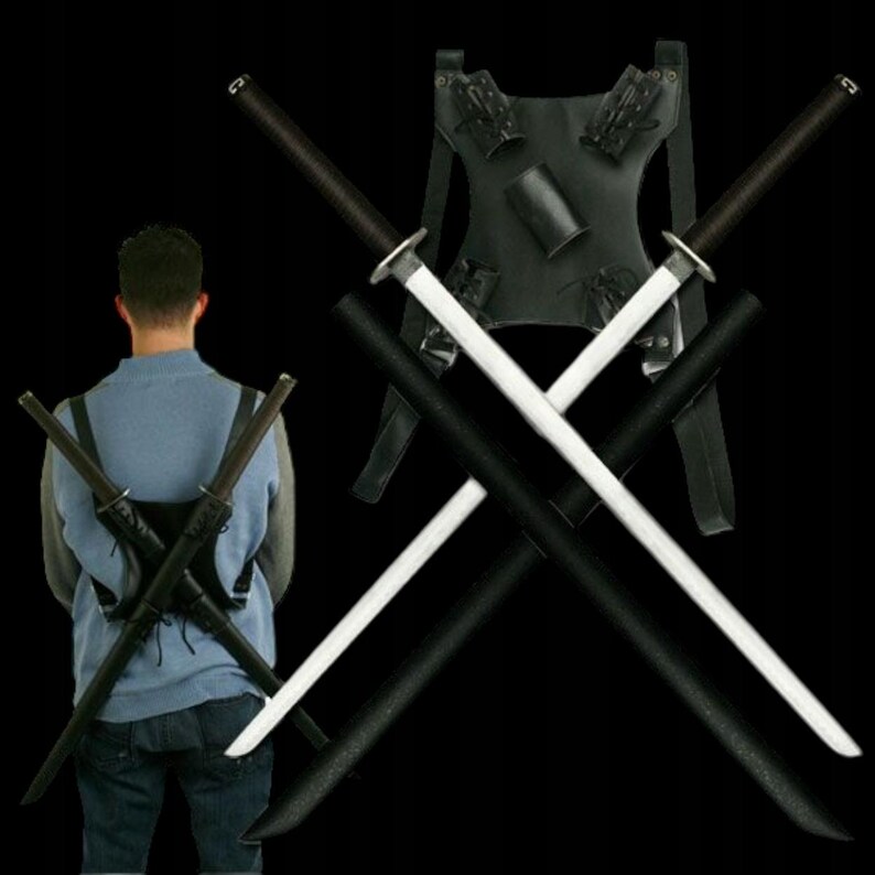Set of 2 Ninja Swords With Scabbards & Shoulder Mount Handmade Samurai ...
