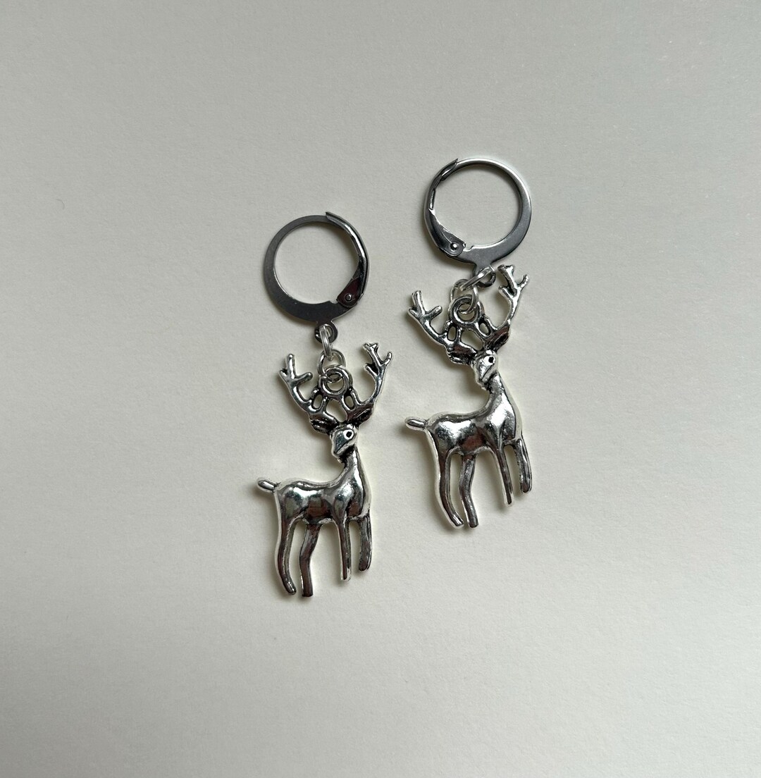 Silver Deer Stag Reindeer Charm Huggie Hoop Earrings - Etsy