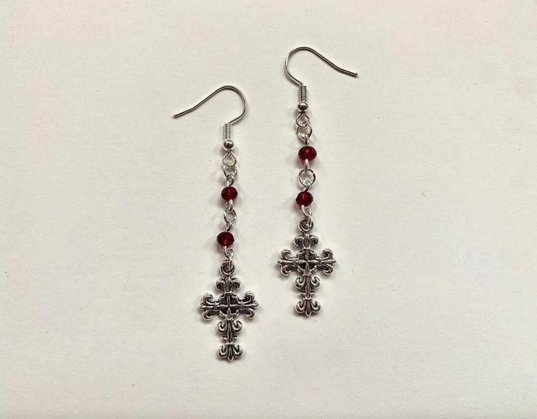 Gothic Dark Red Bead and Silver Cross Earrings - Etsy