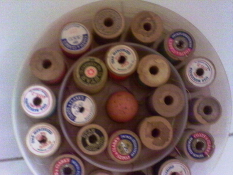 Vintage Round Plastic Spool Thread Container With 22 Wooden Spools of ...