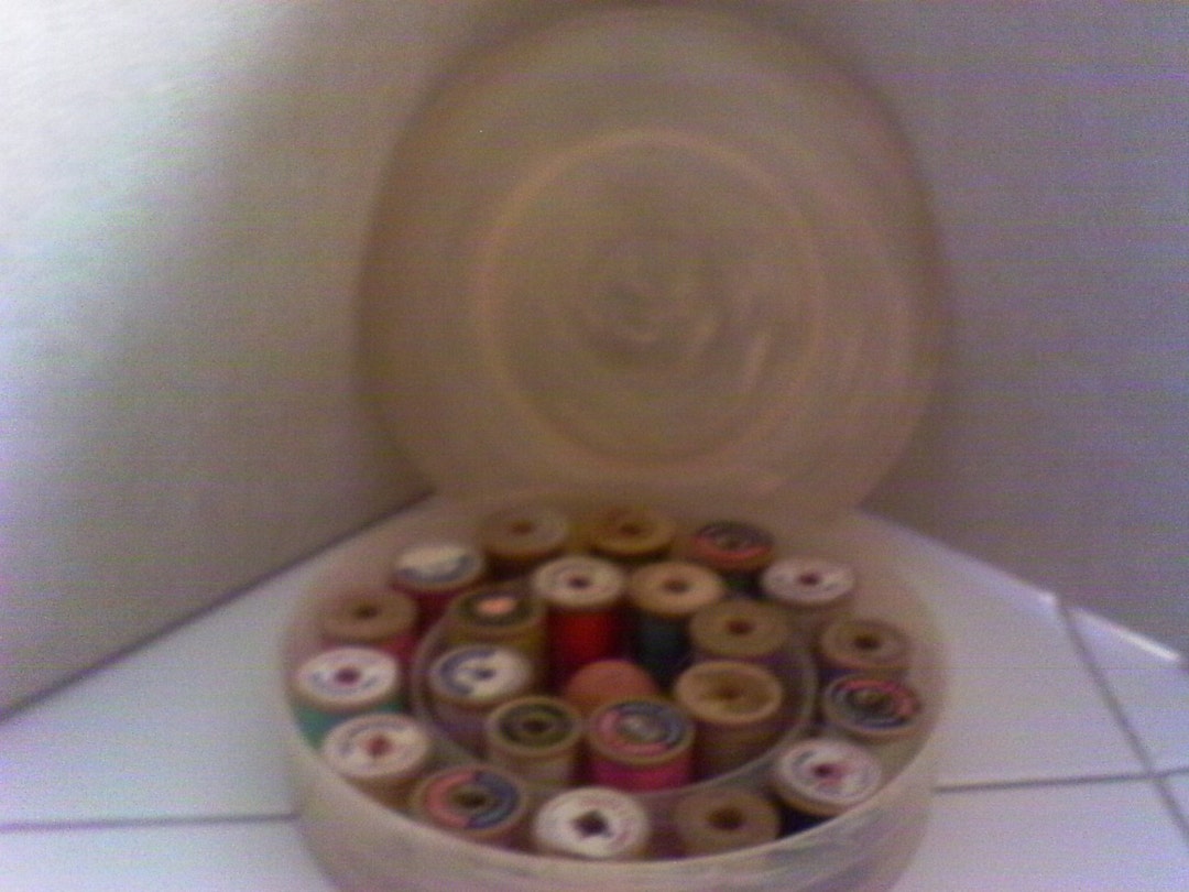 Vintage Round Plastic Spool Thread Container With 22 Wooden Spools of ...