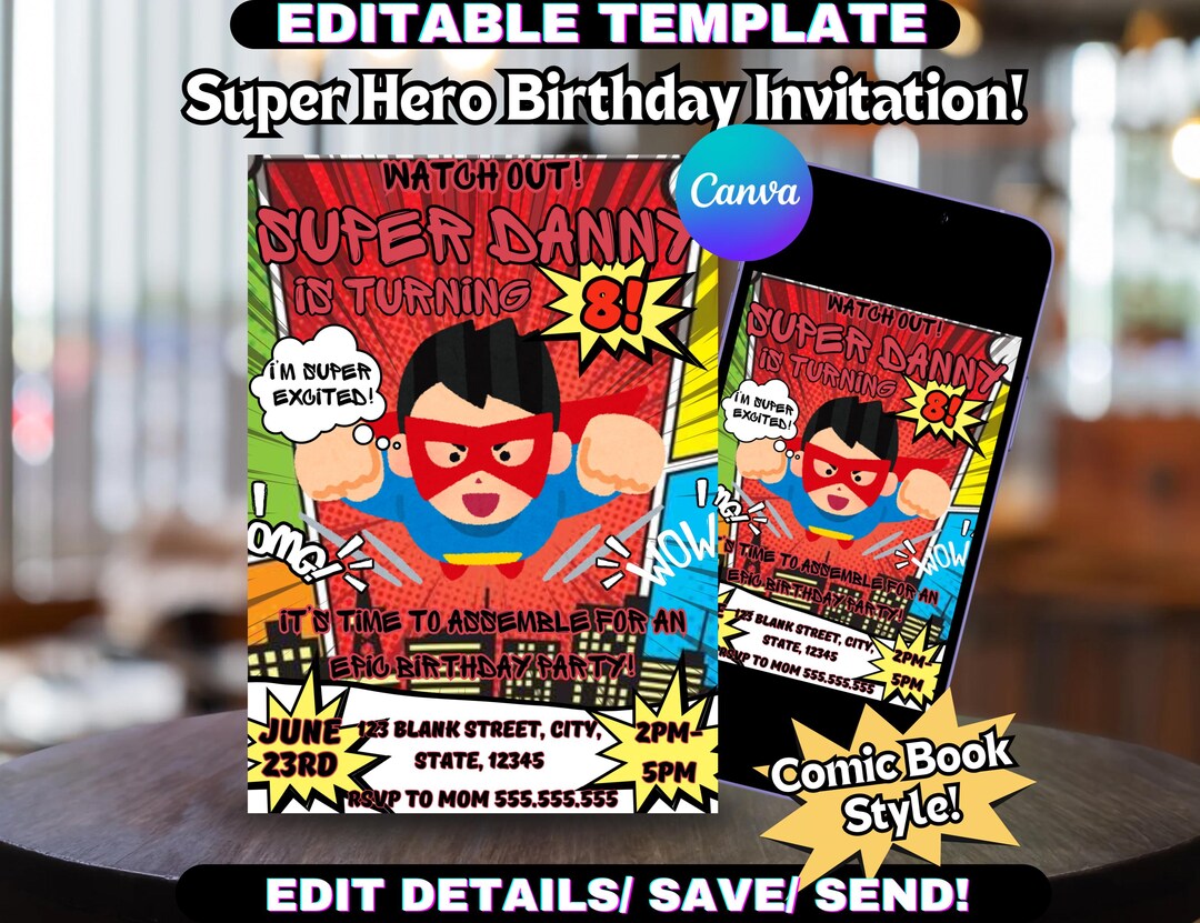 Comic Book Birthday Invitation, Kids Birthday Invitation, Birthday ...