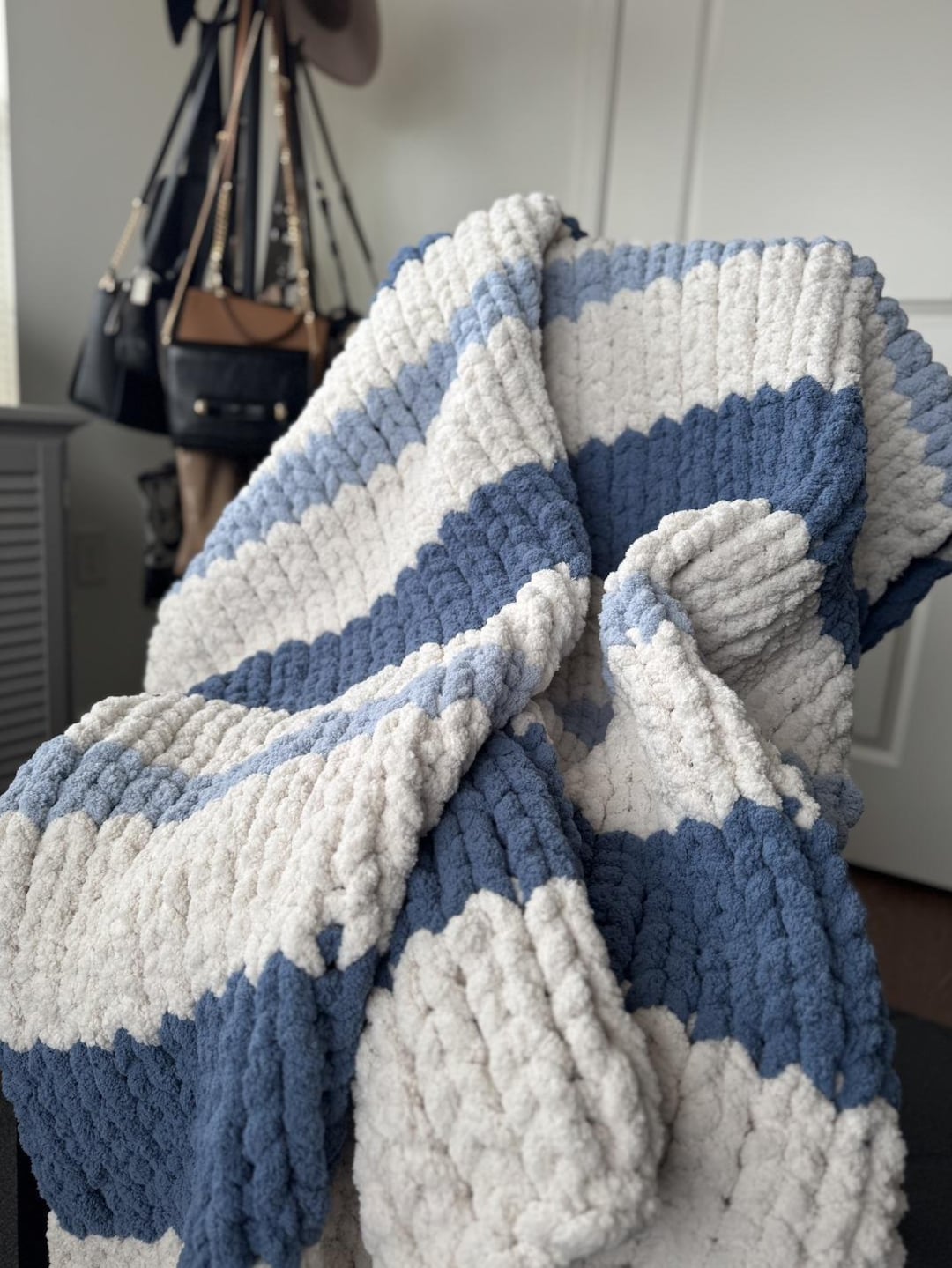 Striped Chunky Knit Blanket (2 or 3 Colors), Handmade Chenille Throw ...