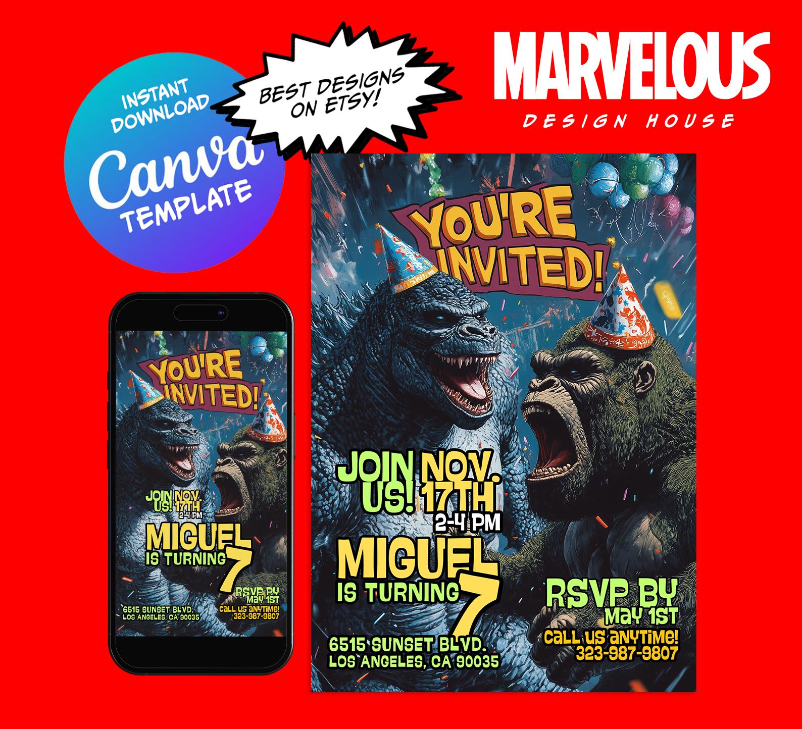 King Kong and Godzilla Invitation, King Kong and Godzilla Birthday ...