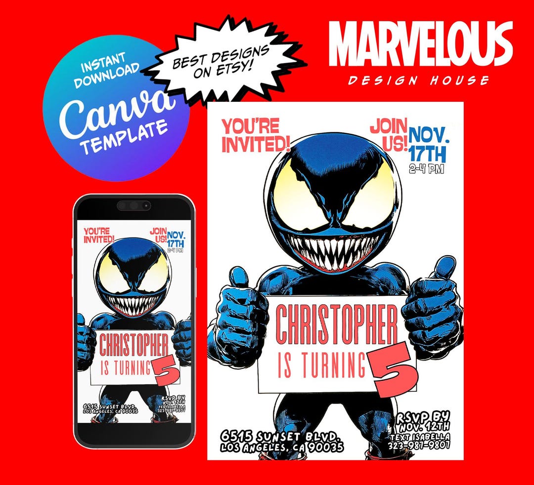 Venom Party Invitation Birthday Template Canva - Editable Superhero ...