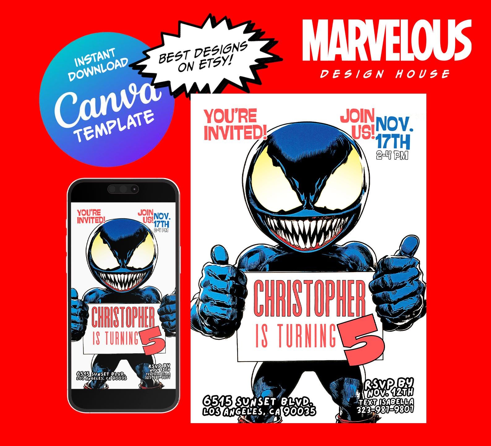 Venom Party Invitation Birthday Template Canva - Editable Superhero ...