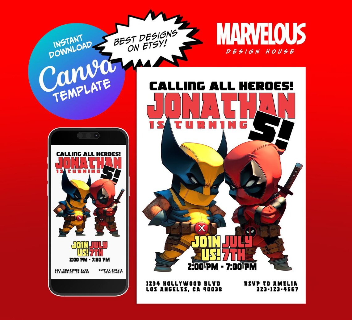 Deadpool Wolverine Invitation, Superhero Bday Party, Deadpool Wolverine ...