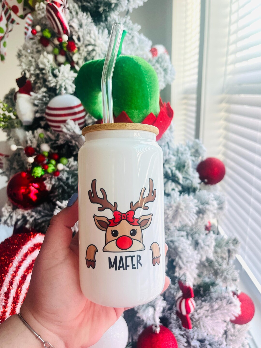 Personalized Christmas Cup/christmas Reindeer/glasscup 16 Onz - Etsy