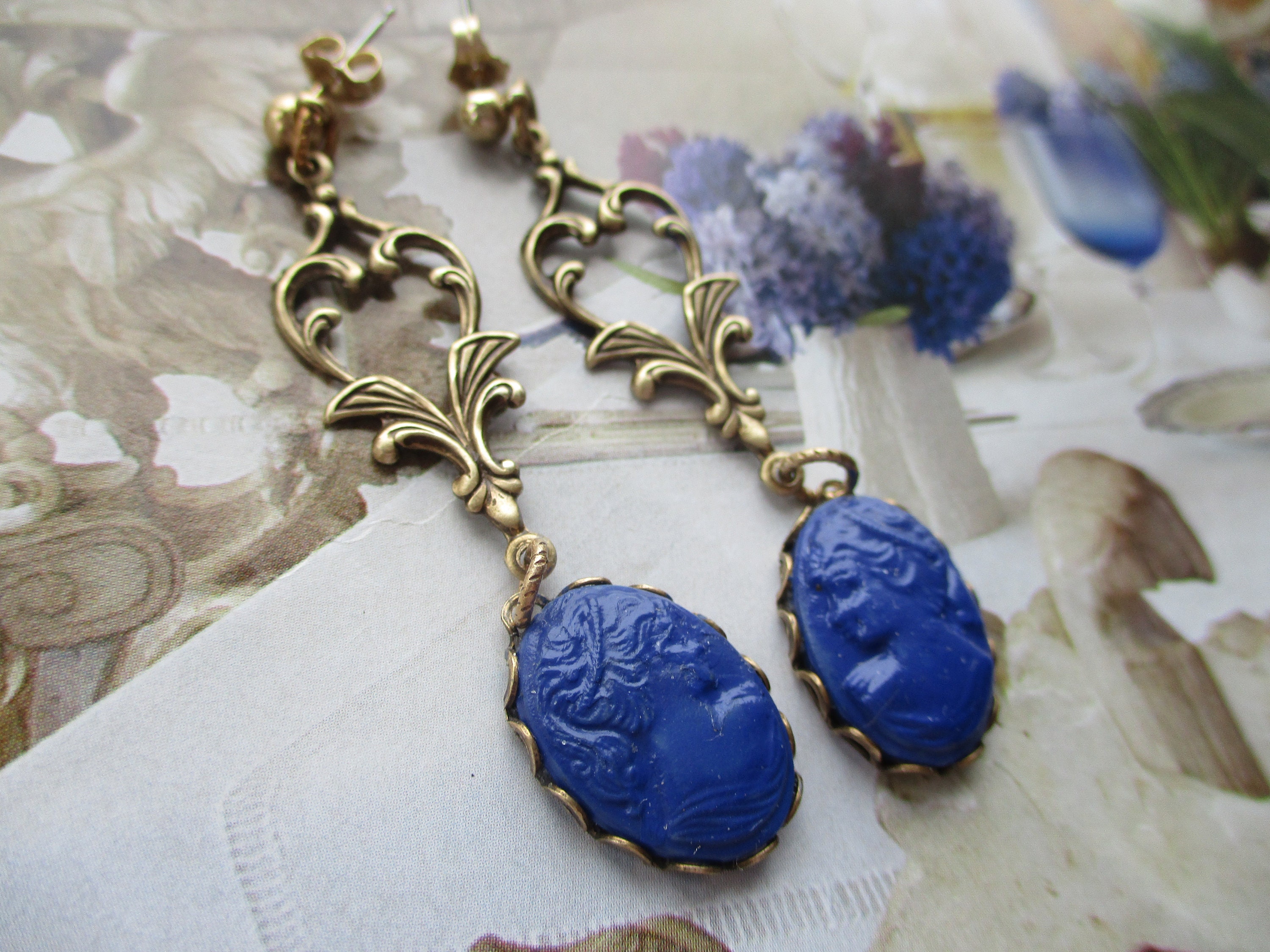 Vintage W. German Blue Glass Lady Cameos as Earrings, 1950's New Old ...