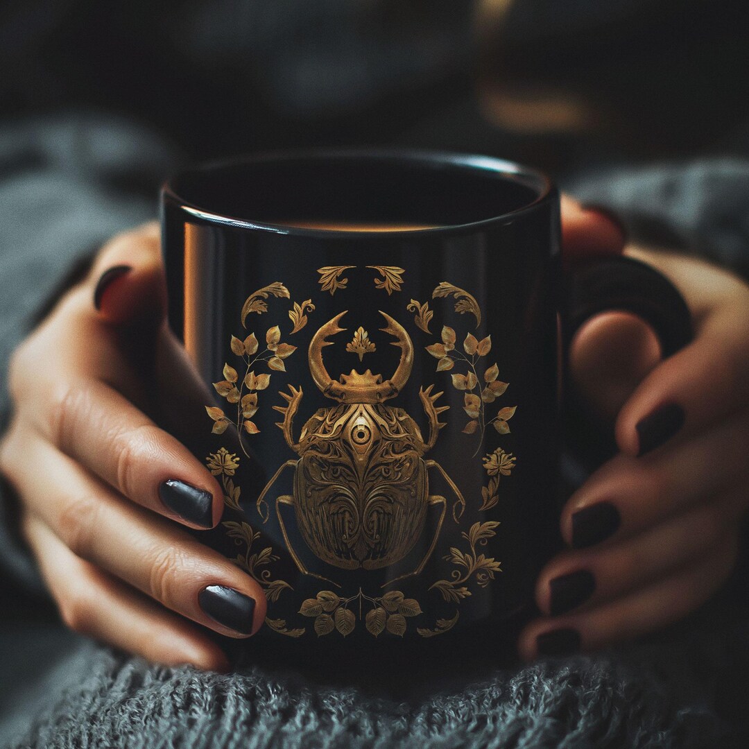 Black and Gold Floral Scarab Coffee Mug, Gothic Beetle Tea Cup, Dark Romantic Ceramic Mug ...