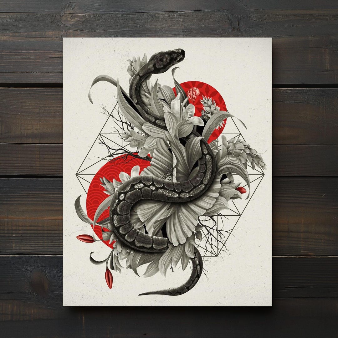 Botanical Snake Art Print, Vintage Serpent Art, Floral Wall Decor, Goth ...
